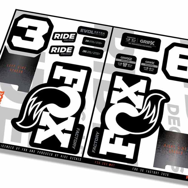 Fox 36 Factory Fork Decals White - Ride Decals /Licensed by Fox
