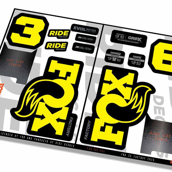 Fox 36 Factory Fork Decals Yellow - Ride Decals /Licensed by Fox